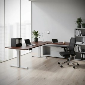 Výškově nastavitelný stůl OfficeTech Angle, 180 x 200 cm, šedá podnož, wenge