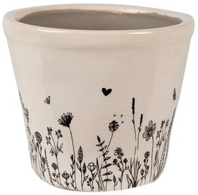 Béžový keramický obal na květináč s kresbou rostlinek Flora a Fauna – 12x11 cm