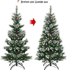 Costway 150 cm Umělý vánoční stromek se sněhovými vločkami, červenými bobulemi