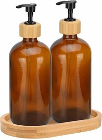 Dávkovač saponátu a mýdla Dallas, hnědá/s černými a dřevěnými prvky, 500 ml, sada 2 ks