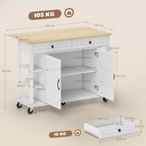 HOMCOM kuchyňský ostrůvek na kolečkách, skládací pracovní deska, 2 dveře se soft-close, 2 zásuvky, 6 otevřených polic, bílá