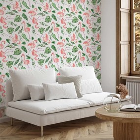 Tapeta Exotický vzor - růžoví plameňáci a zelené listy na bílém pozadí