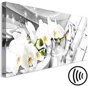 Obraz Spirály orchidejí - bílé květy na šedém pozadí v lesku čtverců