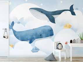 Fototapeta Velryby plující v oblacích - barevná ilustrace s rybami a loděmi