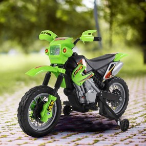 HOMCOM Dětská elektrická motorka, krosová motorka pro děti s 6V akumulátorem, světlomety, hudba a pomocná kolečka, 3 až 6 let, nosnost 25KG, zelená a