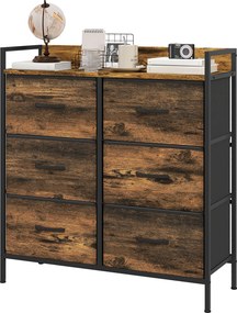HOMCOM komoda 6 zásuvek | látkové zásuvky a ocelový rám | industriální 79 x 29 x 85 cm, rustikálně hnědá