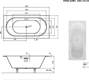 Besco Vitae Slim+ obdélníková vana akrylátová 150 x 75 cm sifon zlatá barva bílá VANVIT15SLIMPLZ Koupelny Bernold