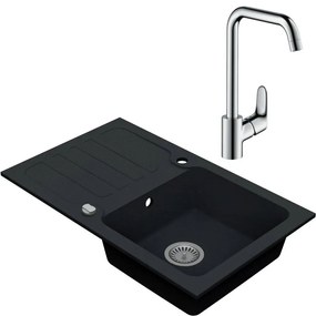 Vima Dřezový set Hansgrohe 2/O- Granitový dřez, s odkapávací plochou, 78x48cm, Tmavá grafit matná + Dřezová baterie Hansgrohe Focus