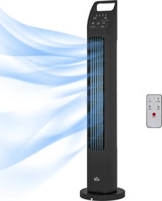 HOMCOM Větrák typu Tower, Stolní ventilátor se 3 režimy, Dálkový ovladač, 50W ventilátor s 4 hodinovým časovačem, 75° oscilace, do ložnice, černý | Ao