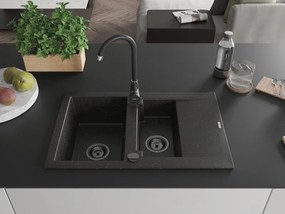 Mexen Gaspar, granitový dřez 737x475x177 mm, 1,5-komorový, černá-zlatá metalíza s černým sifonem, 6507731505-75-B