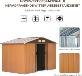 Outsunny kovový přístřešek zahradní přístřešek s podezdívkou, přístřešek na nářadí, odolný proti povětrnostním vlivům, žlutý, 277x195x192cm