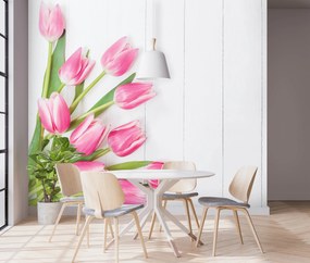 Malvis ® Tapeta Tulipány a bílé dřevo Vel. (šířka x výška): 216 x 140 cm
