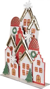 Bílo-červená kovová dekorace domky se sněhovými vločkami - 30*8*46 cm
