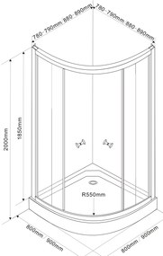 Aqualine, ARLEN čtvrtkruhová sprchová zástěna 800x800mm, sklo BRICK, BTR800