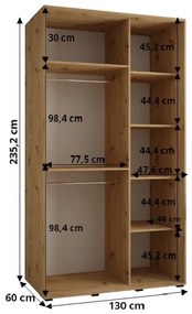 Šatní skříň ASIRI 6 - 130/60 cm, černá / dub artisan / černá