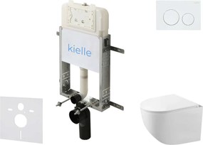 kielle Genesis New - Set předstěnové instalace, kompaktního klozetu Gaia, Rimless, sedátka softclose a tlačítka Gemini New I, lesklá bílá 30528SZ82
