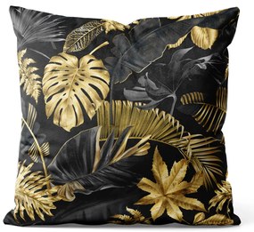 Dekorační velurový polštář Zlaté-černé monstry - tropické listy v glamour stylu welurowá