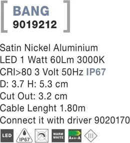 NV 9019212 Venkovní zapuštěné svítidlo do země BANG nikl satén hliník LED 1W 3000K 3V IP67 délka kabelu 1.80m použijte driver 9020170 - NOVA LUCE