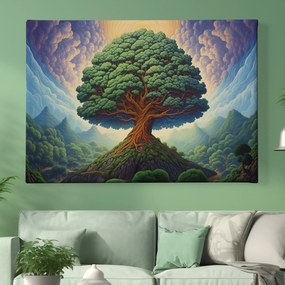 Obraz na plátně - Košatý Strom života s lesem a kopečky FeelHappy.cz Velikost obrazu: 150 x 100 cm