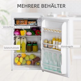 HOMCOM Mini lednička, kapacita 91 litrů, mrazák, nastavitelné police, tichý provoz, kompaktní rozměry, plast, ocel, bílá