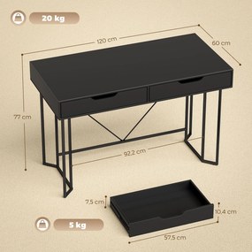 HOMCOM psací stůl s 2 zásuvkami, moderní design s kovovým rámem pro domácí kancelář a ložnici — 120 x 60 x 77 cm, černý