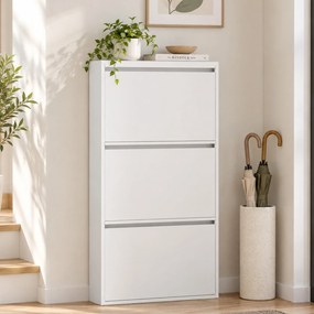 HOMCOM kovová skříňka na boty s 3 výklopnými přihrádkami — úzká nástěnná skříňka na 6 párů, 55 × 15 × 105,5 cm, bílá