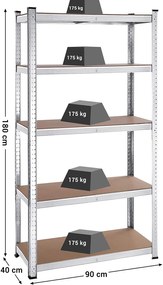 SONGMICS Regál s vysokou nosností 180 x 90 x 40 cm stříbrný