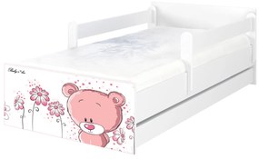 Dětská postel Max Růžový Medvídek 160x80 cm - BÍLÁ - 1x krátká + 1x dlouhá zábrana se šuplíkem