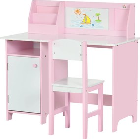 HOMCOM Dětský dřevěný stůl a židle se školní tabulí pro děti od 5 let, psací stůl 90x45x85 cm Růžová