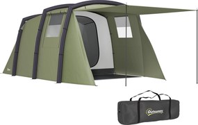 Outsunny nafukovací rodinný tunelový stan pro 3–6 osob — glamping stan s předsíňkou, síťovými okny, přepravní taškou, ochrana UPF50+, voděodolný, oliv
