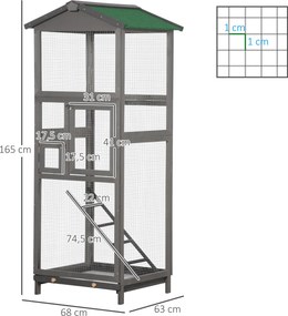 PawHut Velká Klec pro Ptáky z Masivního Dřeva s 2 Dveřmi, Asfaltovou Střechou a Odnímatelným Podnosem - 68 x 63 x 165 cm Šedá