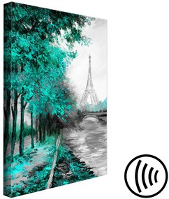 Obraz Krajina s kanálem a Eiffelovou věží - pařížský pohled se stromy a řekou