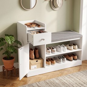 HOMCOM Lavička na boty s polštářkem, zásuvkou a otevřenými přihrádkami, předsíňová lavička 90x29,8x67,8 cm, bílá