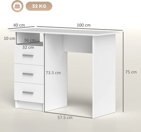 HOMCOM Moderní Úsporný Stůl se 3 Zásuvkami a Otevřenou Policí, Dřevěný Stůl se Zásuvkami pro Kancelář, Učení a Ložnici, 100x40x75 cm, Bílý