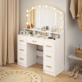 HOMCOM Toaletní stolek s 10 LED hollywoodskými žárovkami, zrcadlo, 7 zásuvek, 3 přihrádky, MDF, bílá