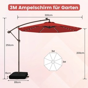 Costway Ø 300 cm konzolový deštník se 40 solárními LED světly a pytli – červený