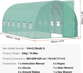 Walk-in tunelový skleník 5,9 × 2,95 × 2,26 m pozinkovaný rám PE kryt zelený