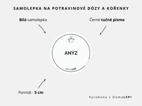 ANÝZ - omyvatelná samolepka na kořenky, výběr rozměrů Ø 5 cm / 5 x 5 cm / 6 x 8 cm | DomaLEP tvar: KOLEČKO, barva: BÍLÁ - ČERNÉ písmo, velikost: Ø 5 cm - základní písmo