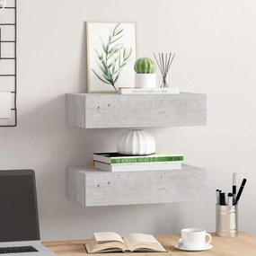 Nástěnné police se zásuvkou 2 ks betonově šedé 40x23,5x10cm MDF 330252