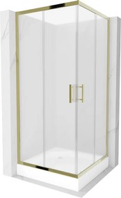Mexen Rio, čtvercový sprchový kout s posuvnými dveřmi 90 (dveře) x 90 (dveře) x 190 cm, 5mm sklo námraza, zlatý profil + bílá sprchová vanička RIO, 860-090-090-50-30-4510