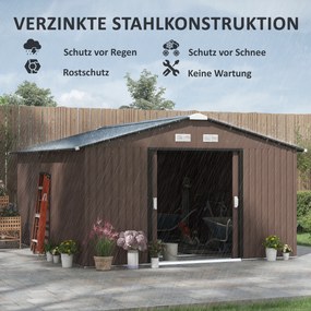 Outsunny Toolhouse 12,4 m², Zahradní Kůlna s Šikmou Střechou, Posuvné Dveře, Základna, 386 x 340 x 200 cm, Kůlna na Nářadí z Pozinkované Oceli, Odoln…