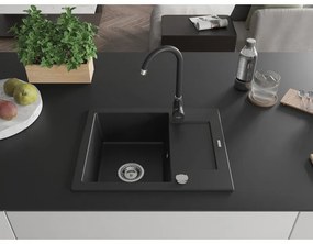 Mexen Enzo, 1-komorový granitový dřez s odkapávačem 58x47 cm a kuchyňskou baterií Telma, černá, 6506-77-670200-70