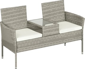 Outsunny Zahradní lavice pro 2 osoby s centrálním konferenčním stolkem, zahradní pohovka z oceli, PE ratan a polyester, 137x59x82 cm, šedá a krémová |