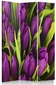 Ozdobný paraván Fialové tulipány - 110x170 cm, třídílný, obustranný paraván 360°
