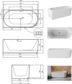 Besco Denaya vana asymetrická volně stojící 150 x 75 cm levá sifon s přepadem chrom barva černá bílá VANDENA150BWL