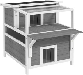 PawHut kočičí jeskyně, kočičí bouda z jedlového dřeva, kočičí domek s balkonem, vchody, pro kočky do 5 kg, venkovní, 64 x 87 x 76 cm, světle šedá