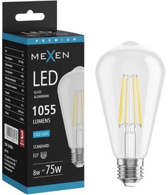 Mexen Vintis Filamentová LED žárovka E27, ST64, 8W, Studená - 6500K, 1055 lm, čirá - L152-E27-0865-00