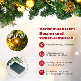 Costway 270 cm vánoční věnec s 50 teplými bílými LED diodami a šiškami a zlatými