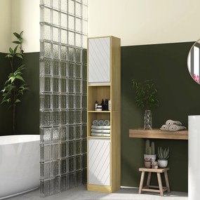 HOMCOM Koupelnová Skříňka z Dřeva s 2 Skříňkami a Nastavitelnými Policemi, Sloupový Design, 30x24x170 cm, Dub a Bílá