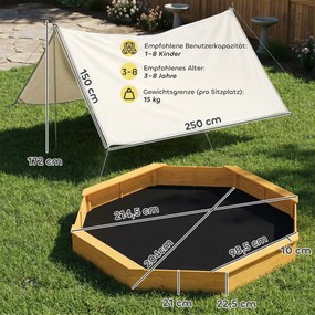 AIYAPLAY Pískoviště s střechou, 4 lavice, podložka pro 8 dětí ve věku 3-8 let, pro venkovní zahradu, dřevo, 214,5 x 214,5 cm, žlutá